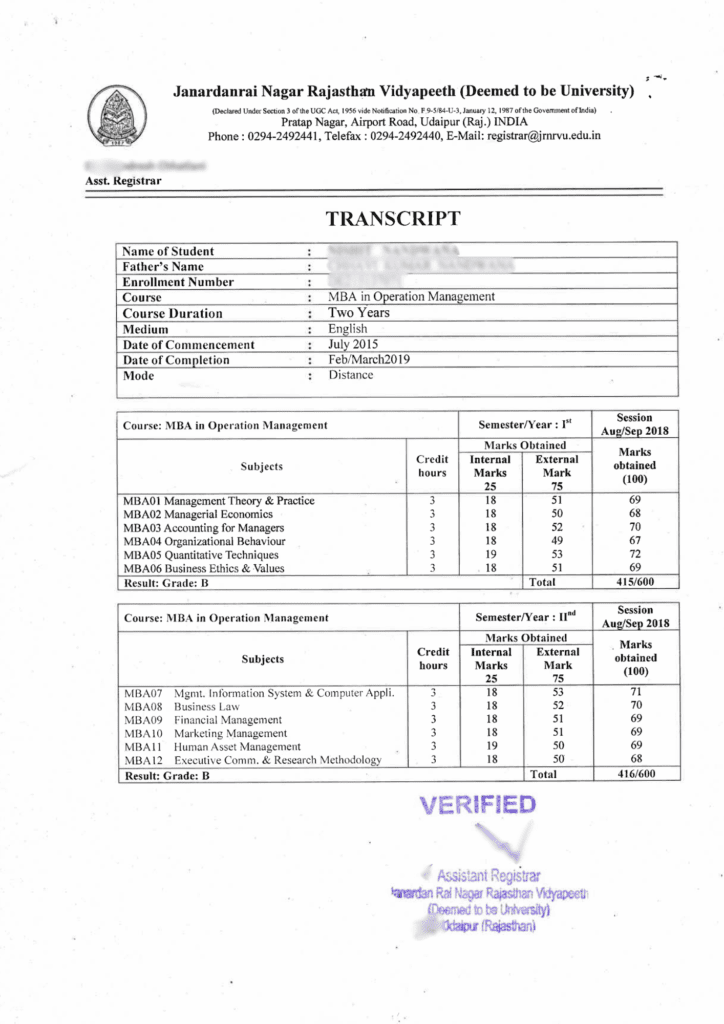 Get Rajasthan Vidyapeeth Univ. Transcript - Worldwide Transcripts